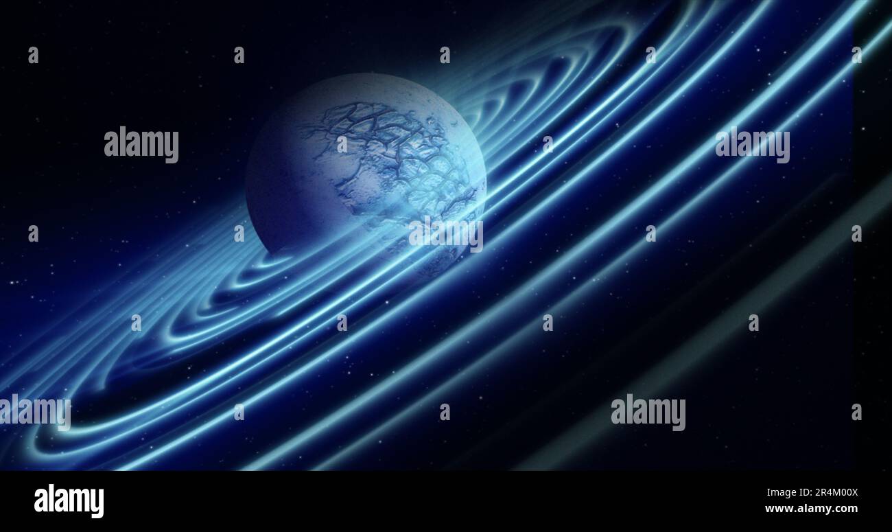 Abstract blue space planet with a round asteroid belt ring futuristic ...