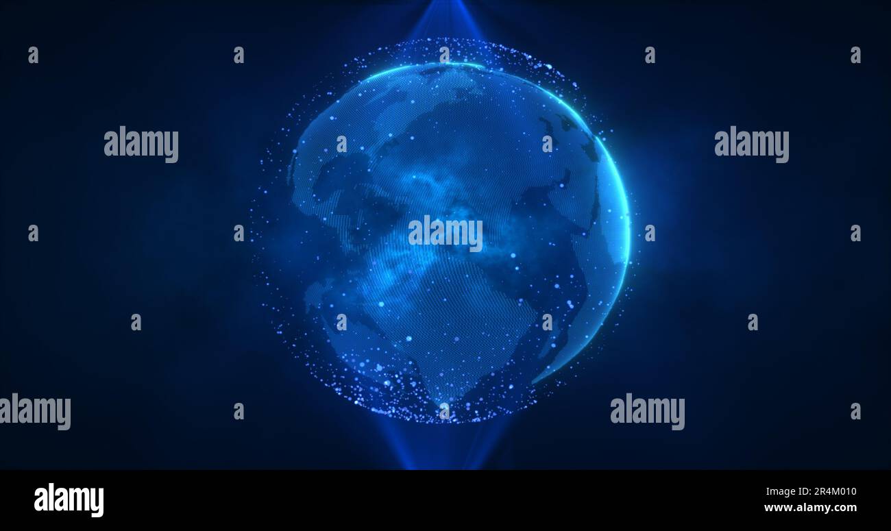 Abstract blue planet earth spinning with futuristic high-tech particles ...