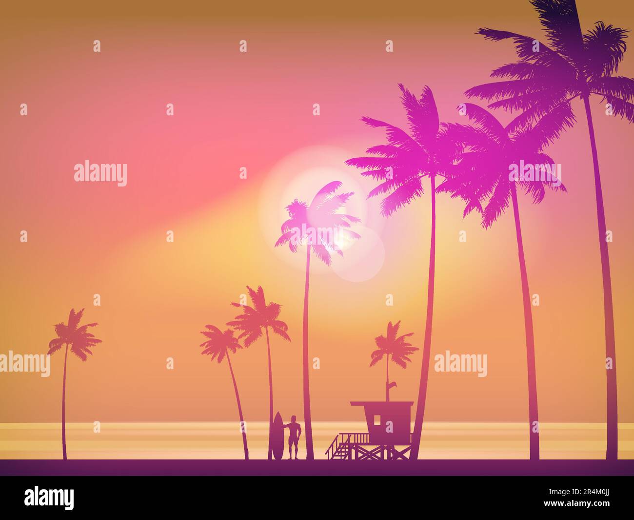 Sunset Beach view tropical landscape banner illustration Stock Vector ...