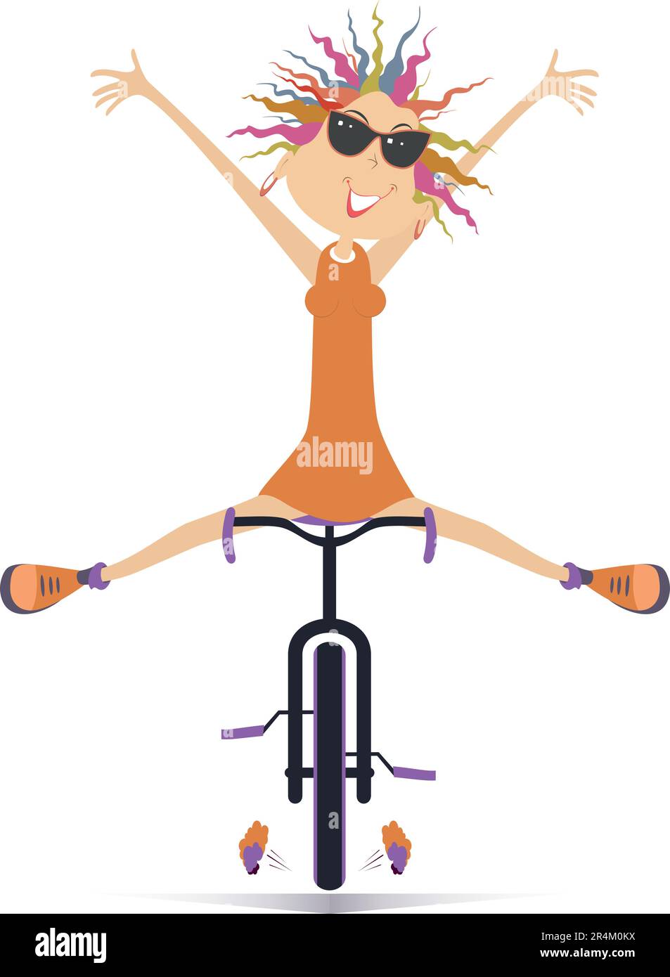 Happy cyclist young woman in sunglasses rides a bike and raises hands ...