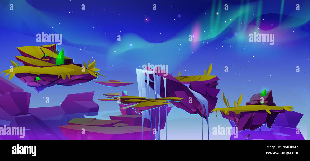 Vector aurora sky landscape with floating island cartoon game landscape ...