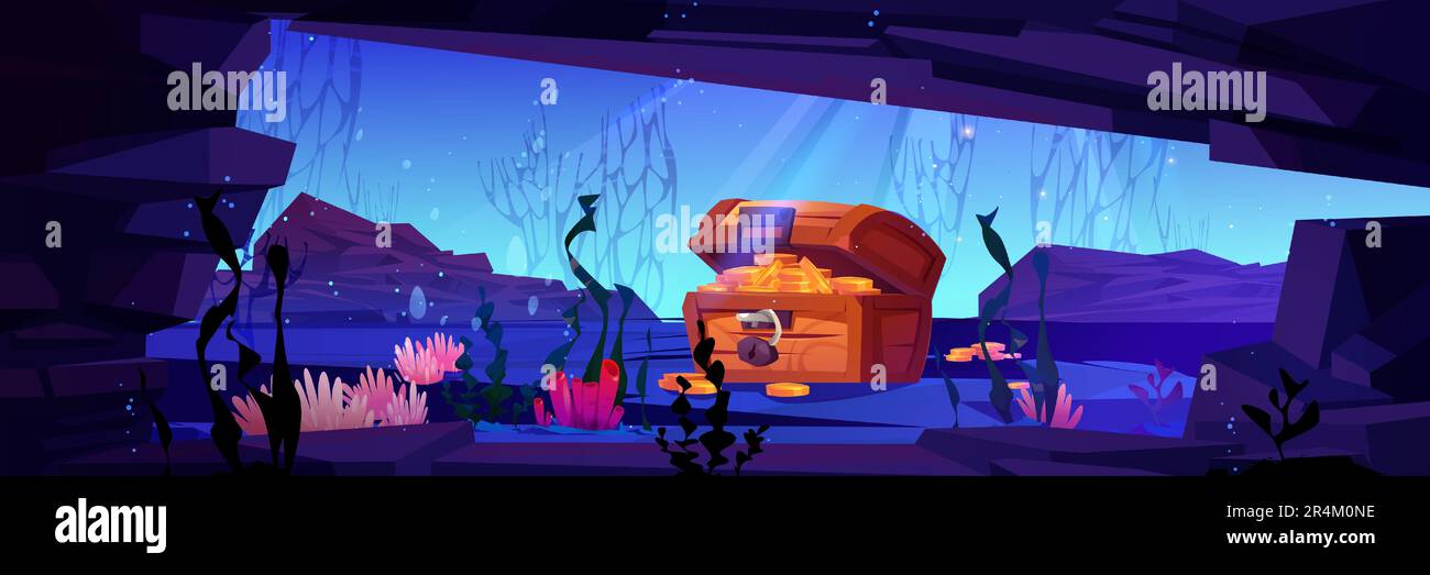 Sea underwater sunken pirate treasure chest cartoon vector background ...