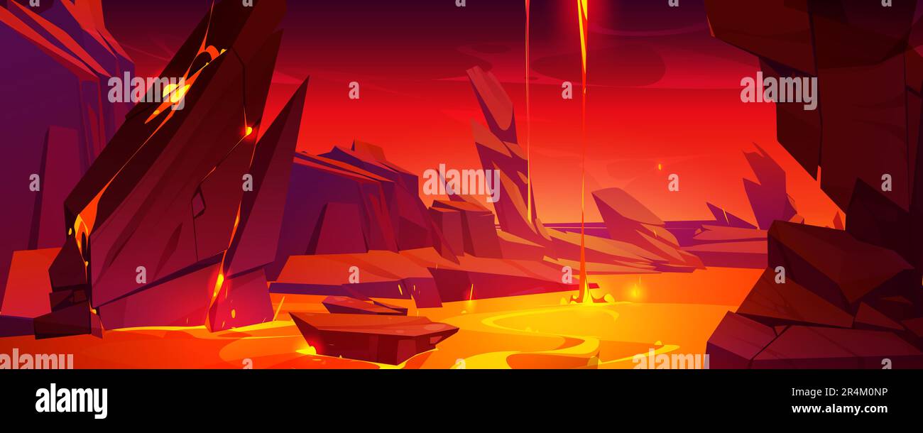 Volcano lava hell rock cave view fantasy game cartoon background ...