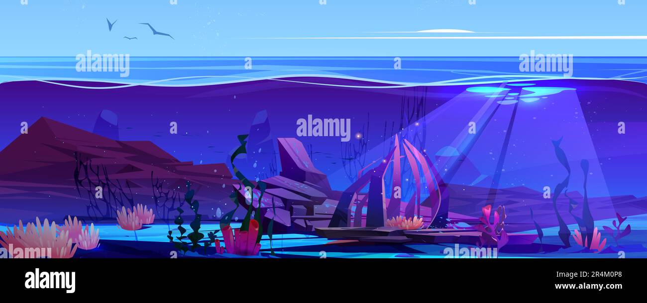 Sea deep light underwater surface cartoon vector background. Under ...