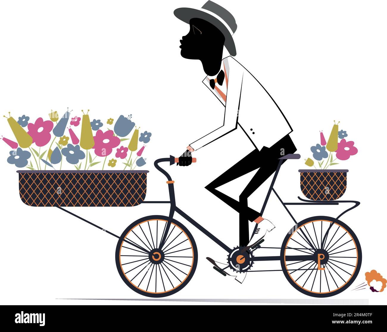 Smiling young African man rides a bike with a bunches of flowers in the ...