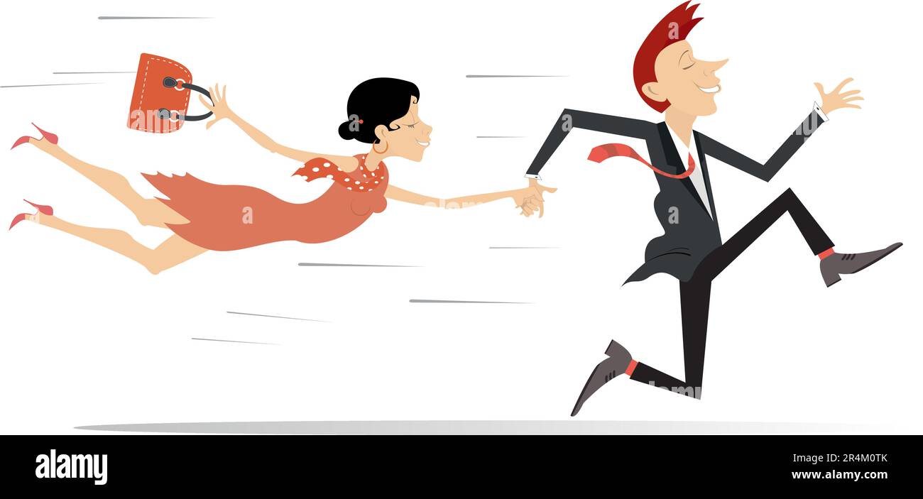 Happy romantic couple running holding hands, Happy lovers characters ...