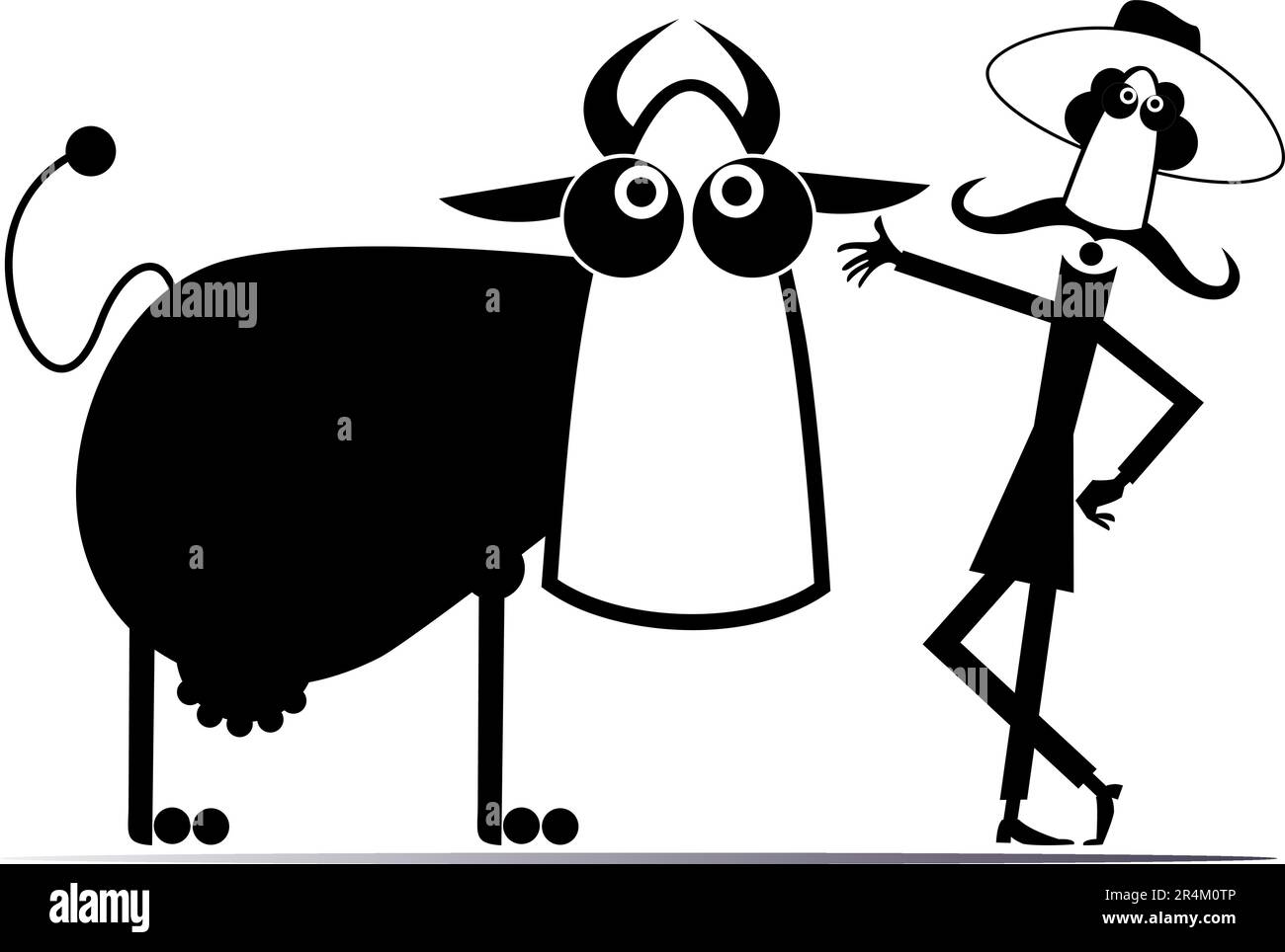 Cartoon farmer and cow. Cattle farm. Funny long mustache man in the hat ...