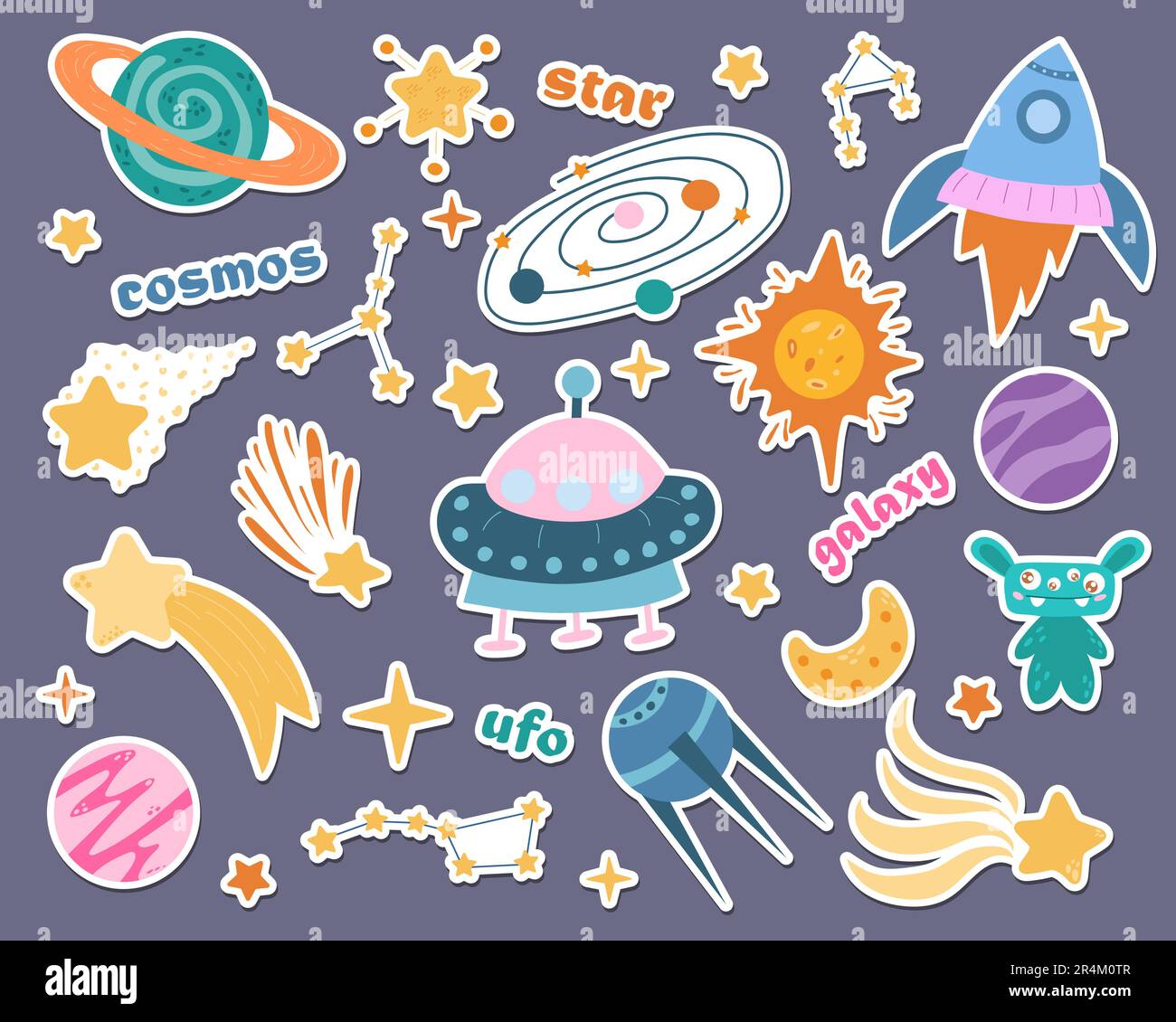 A set of stickers from space cartoons, cartoon monsters, aliens Stock ...