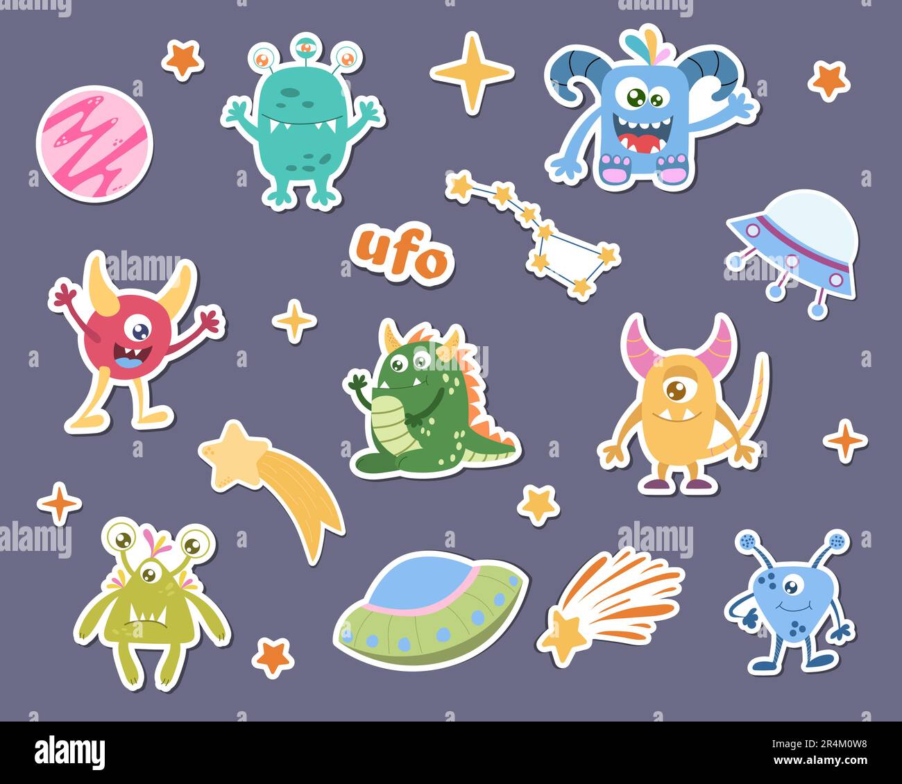 A set of stickers from space cartoons, cartoon monsters, aliens Stock ...