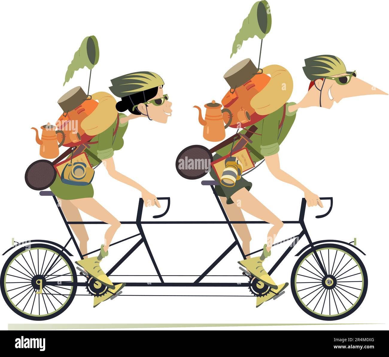 Smiling man and woman in helmets with backpacks riding a tandem bike ...