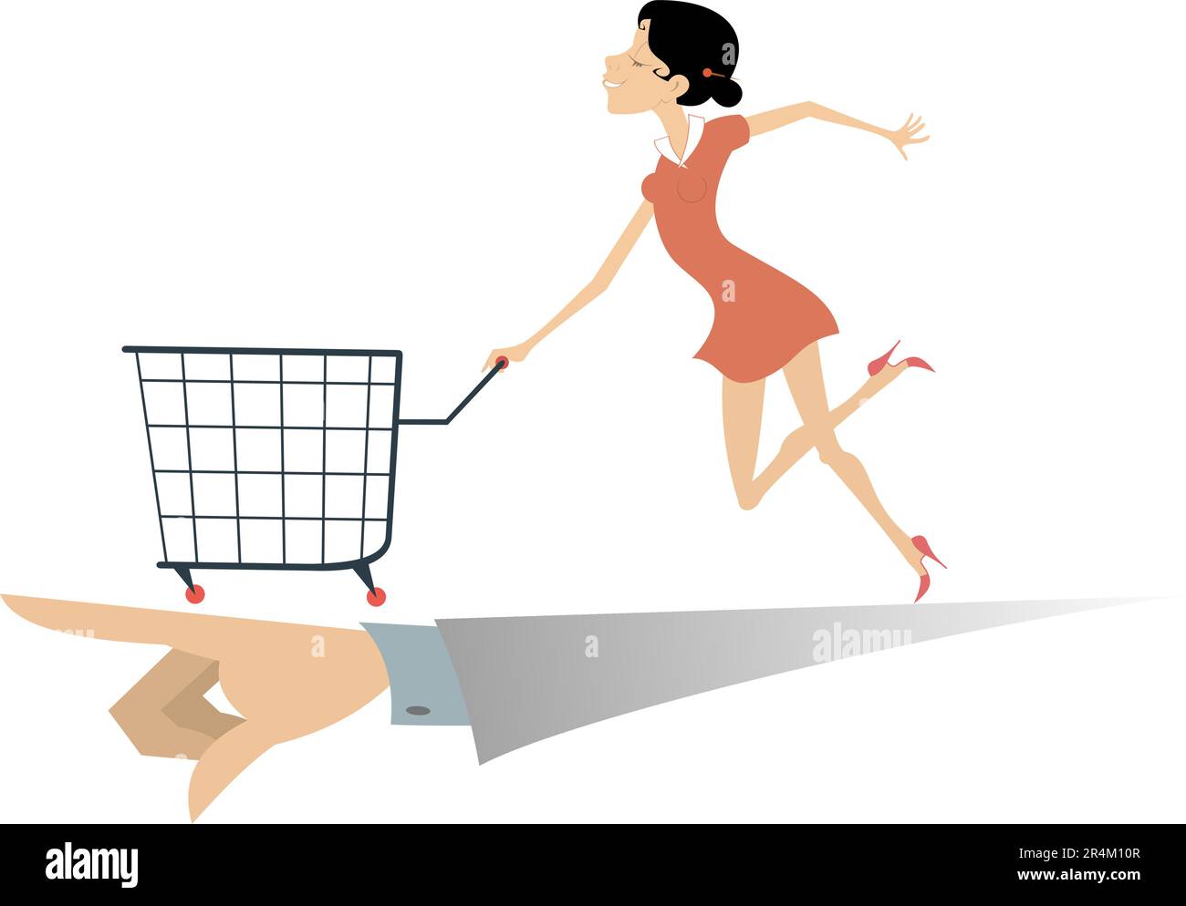 Woman pushing shopping cart. Directing hand. Running on directing hand ...