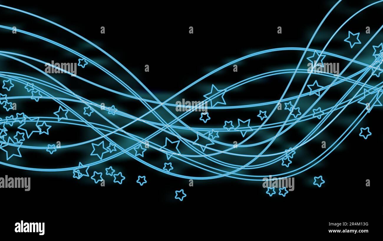 Beautiful blue bright glowing abstract neon sign of curved wave lines ...