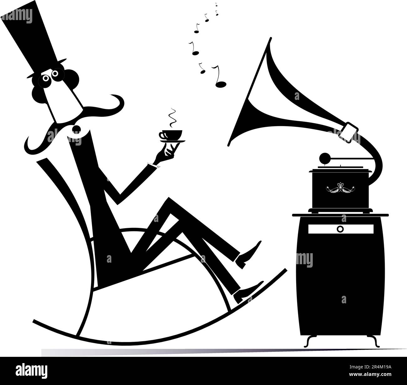 Long mustache man in the top hat rests in the rocking chair with a cup ...