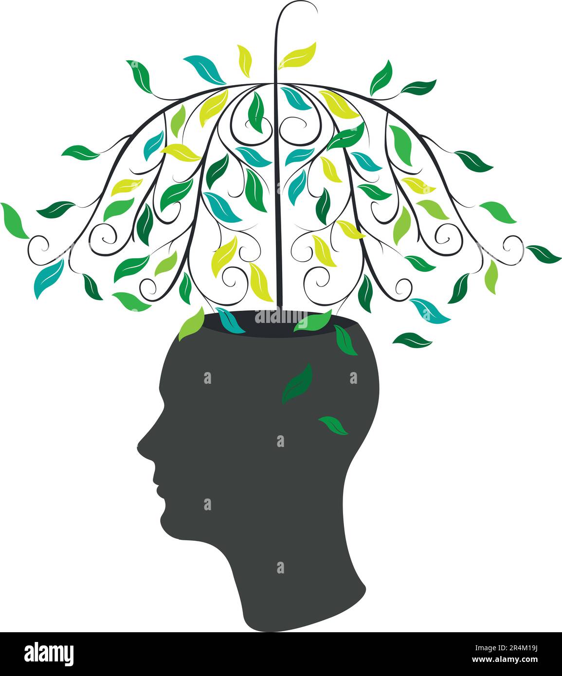 Abstract tree with green leaves glowing from human head illustration ...