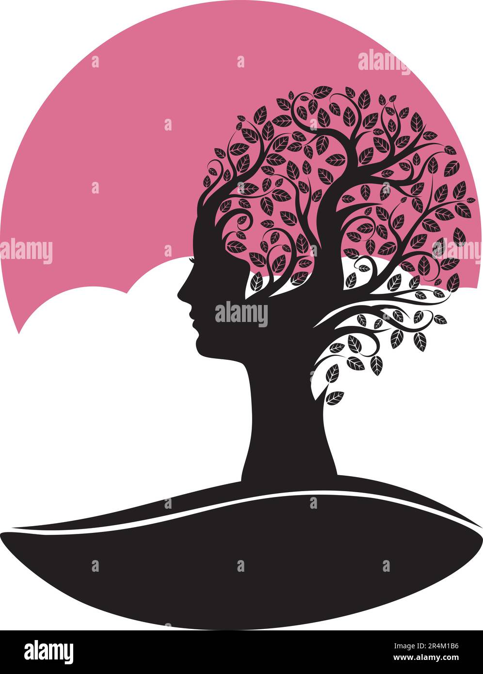 Abstract tree silhouette with leaves and female head, ecology concept ...
