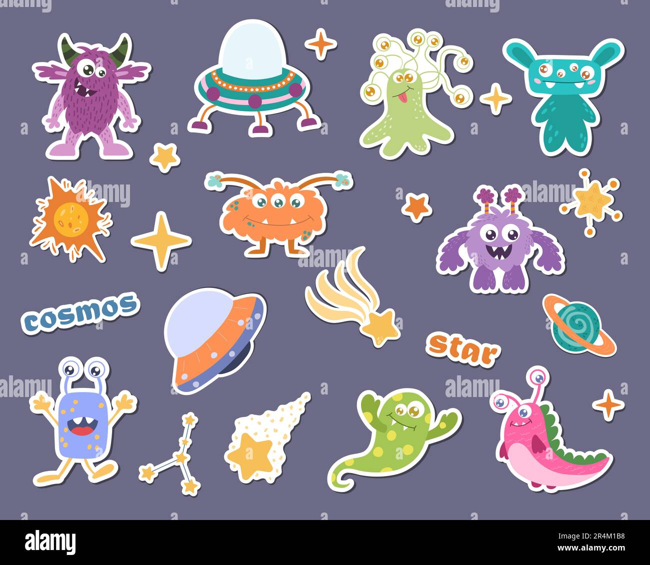 A set of stickers from space cartoons, cartoon monsters, aliens Stock ...