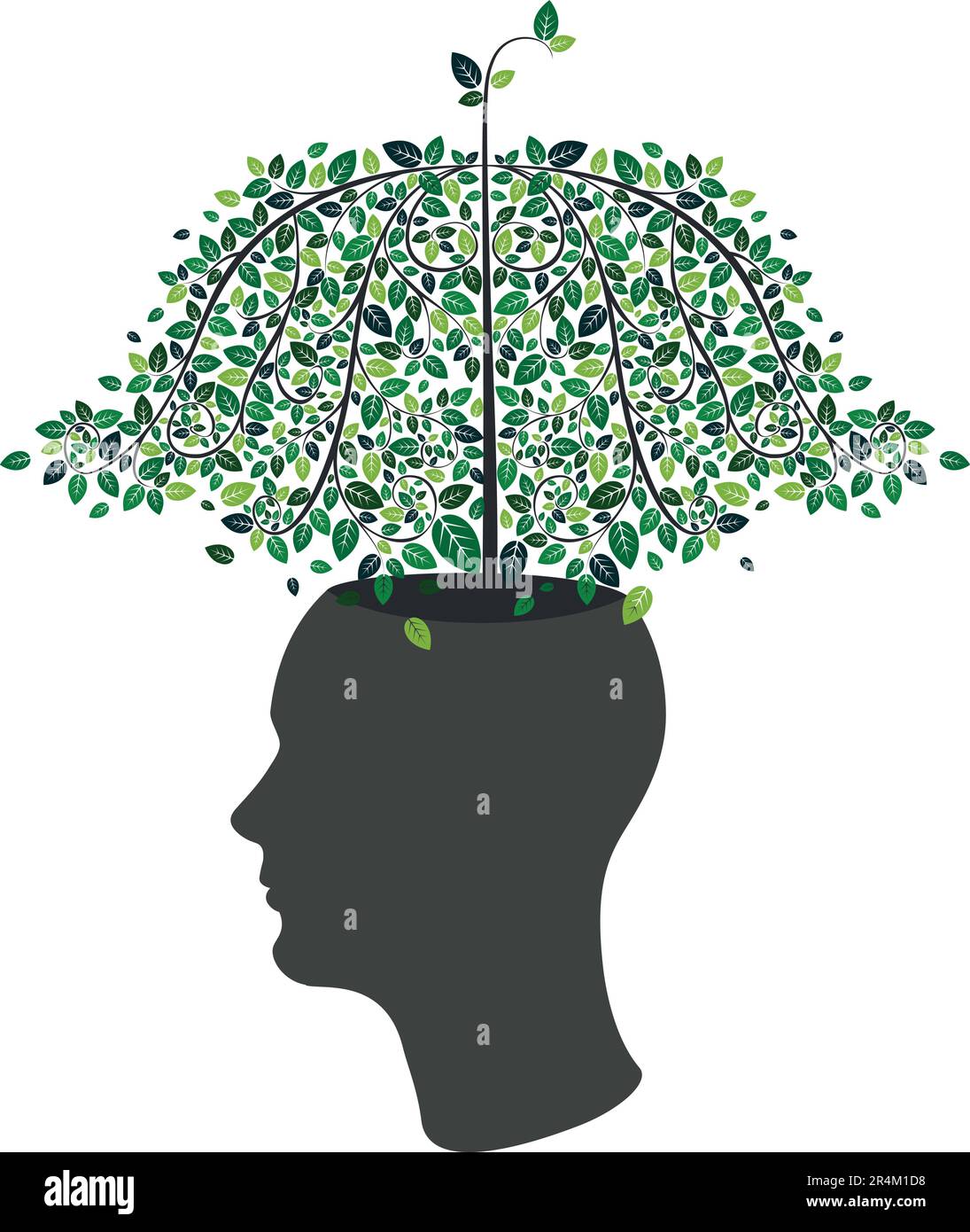 Abstract tree with green leaves glowing from human head illustration ...