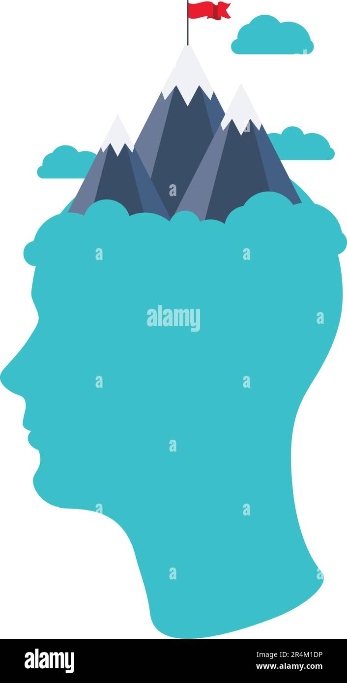 Silhouette of human head with mountains on top, psychology concept ...