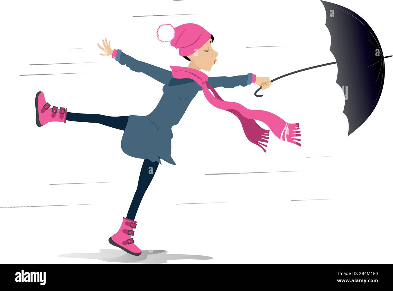 Woman with umbrella staying on the strong wind. Isolated on white ...