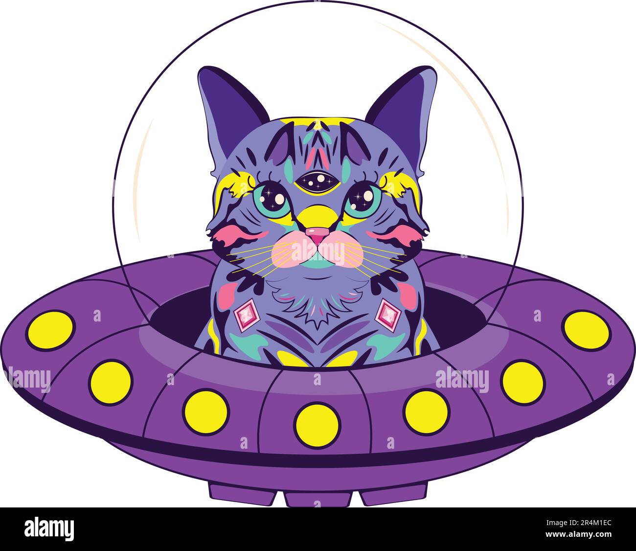 Fantastic purple alien cat with third eye in flying saucer illustration ...