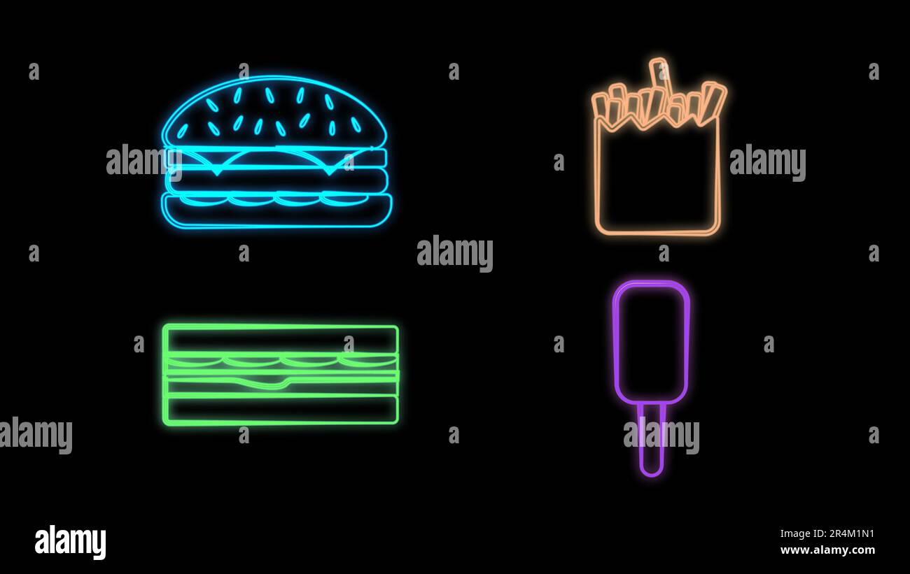 Neon fast food set, big set, pizza, french fries, burger, ice cream ...