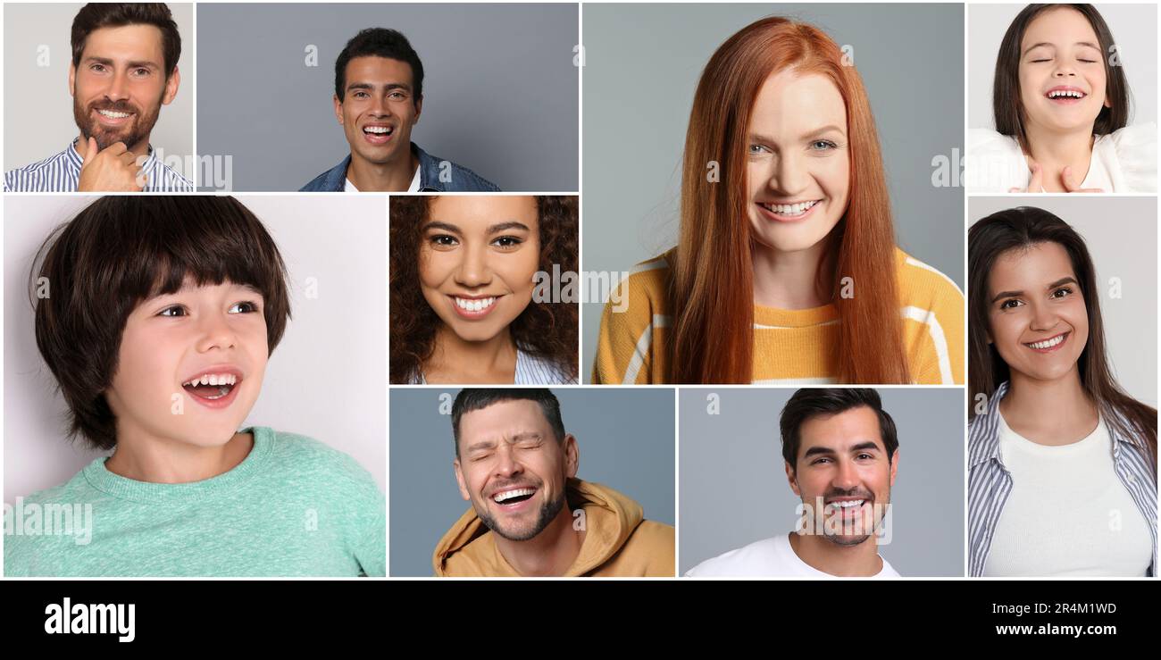 Collage with portraits of happy people on different color backgrounds ...