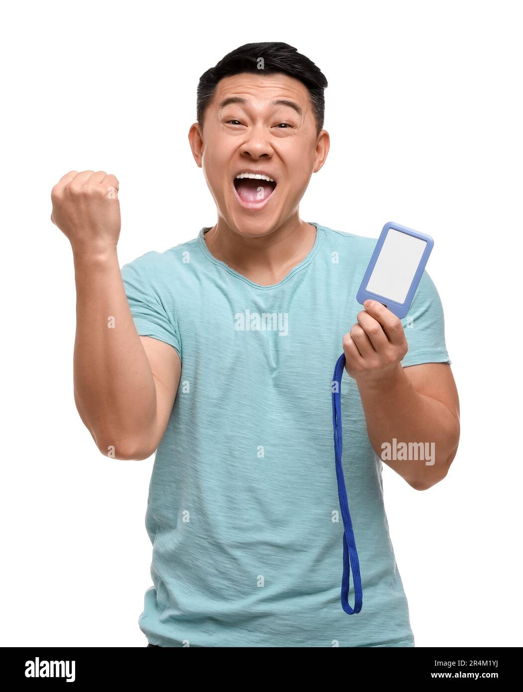 Emotional asian man with vip pass badge on white background Stock Photo ...