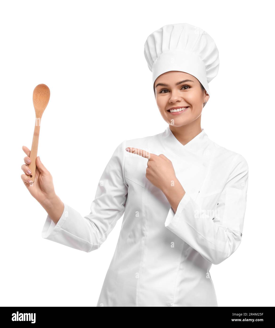 Happy female chef with wooden spoon on white background Stock Photo - Alamy