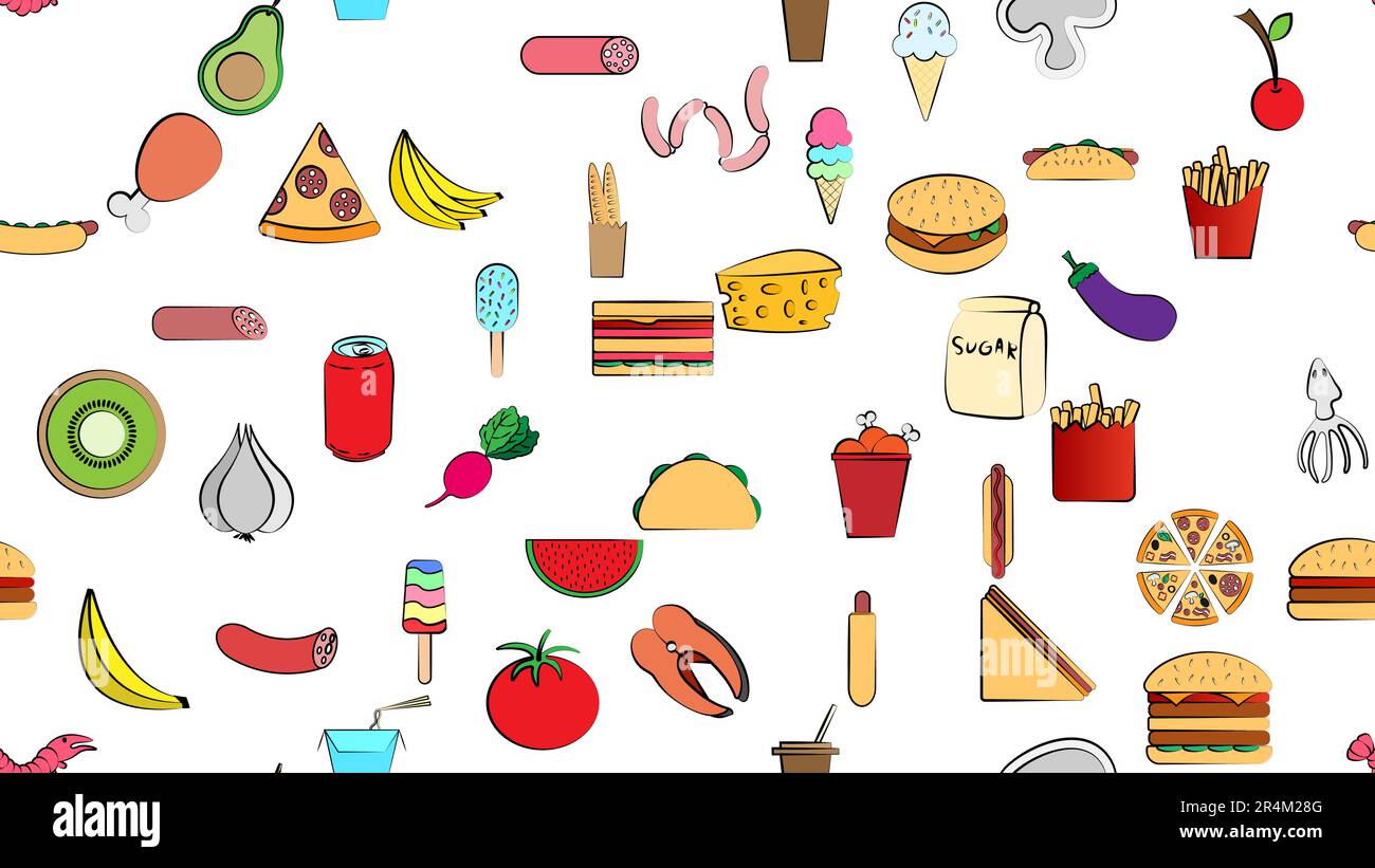 Endless white seamless pattern of delicious food and snack items icons ...