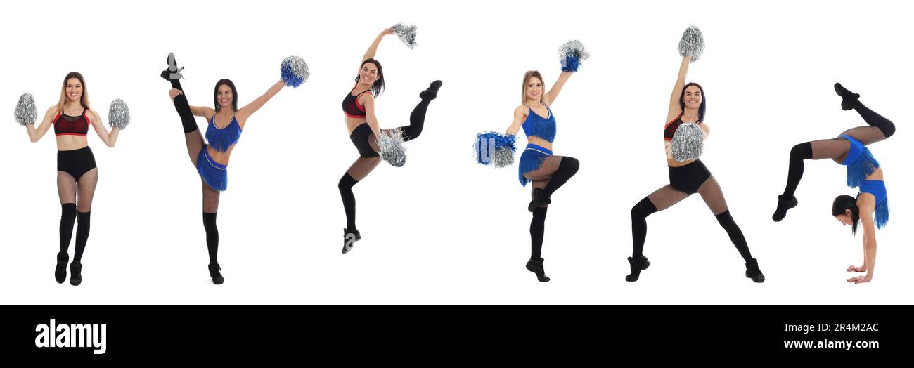 Collage with photos of beautiful happy cheerleaders in uniforms on ...
