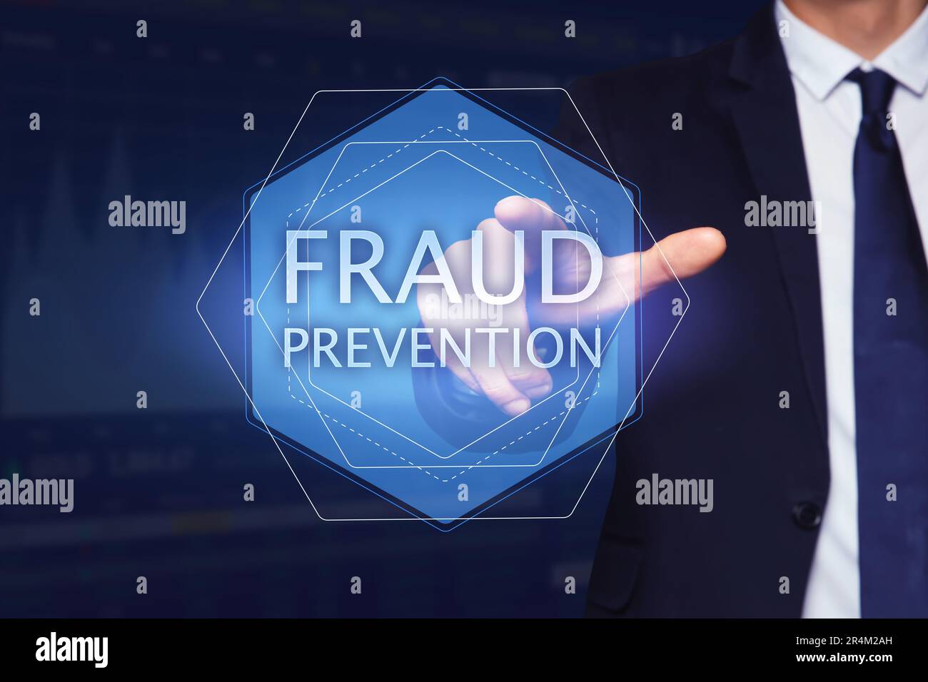 Fraud prevention. Man using digital screen, closeup, Graphs and data on ...