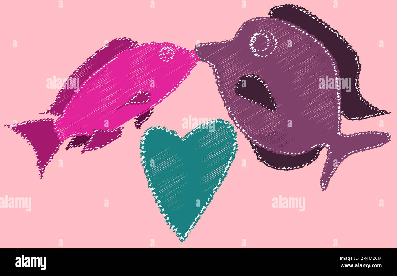 Kissing fish and heart painted with dashed lines. Two fish kiss on a ...
