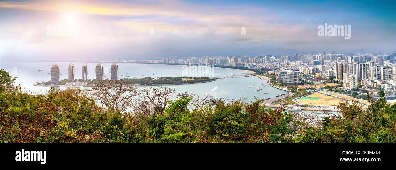 Aerial view of the coastal city of Sanya on China's Hainan Island Stock ...