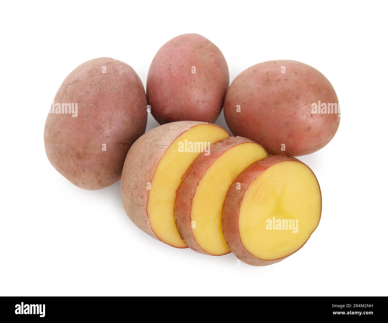 Whole and cut fresh potatoes on white background, top view Stock Photo ...
