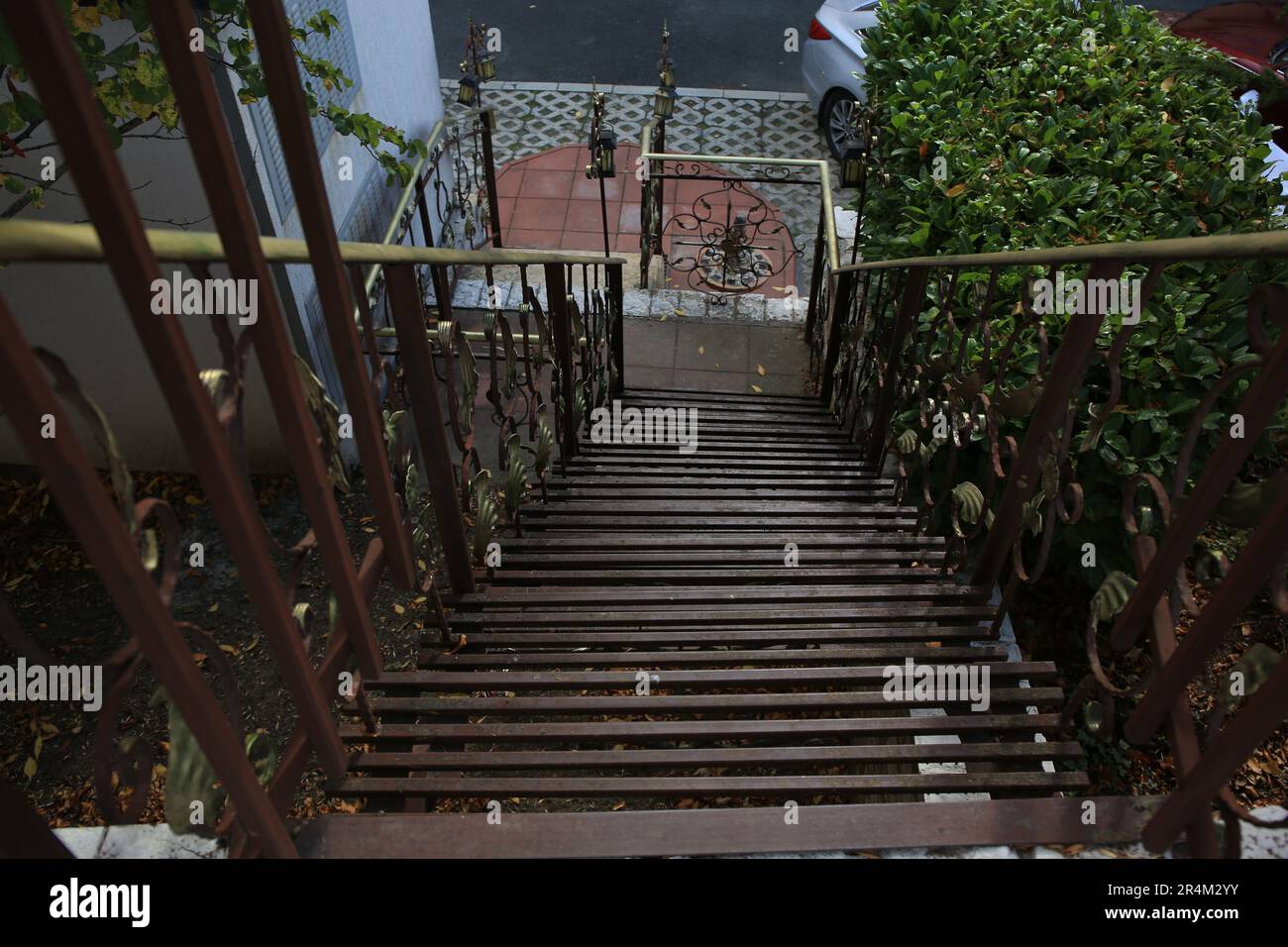 Beautiful old metal stairs with handrails outdoors, above view Stock ...