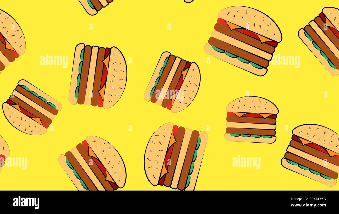 pattern of burgers on a yellow bright background, vector illustration ...