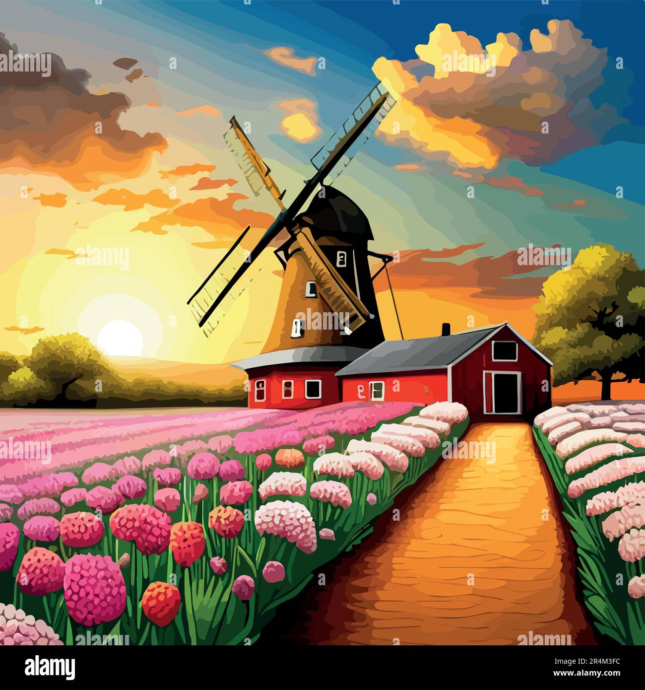 Spring tulip landscape at sunset Stock Vector Images - Alamy