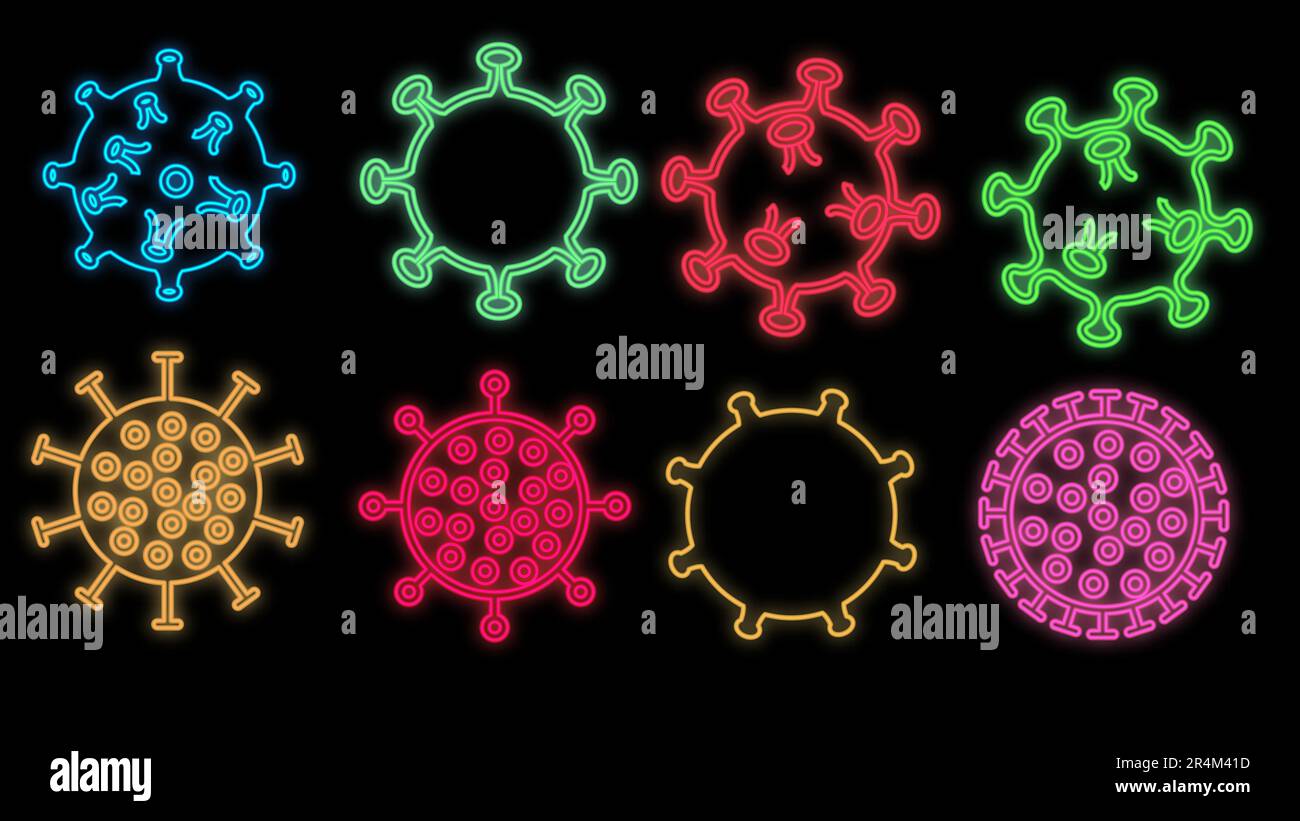 Set of bright glowing multicolored medical scientific neon signs for ...