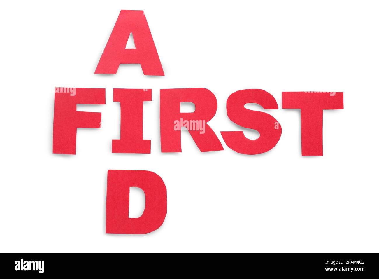 Words First Aid made of red letters isolated on white, top view Stock ...