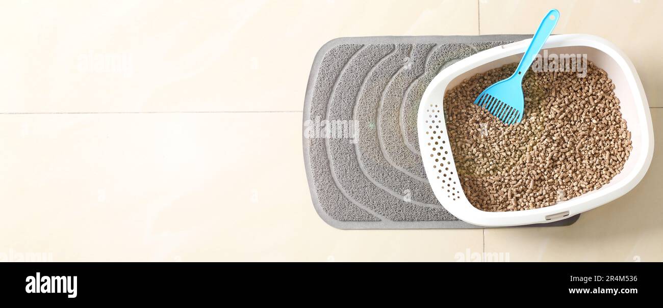 Cat tray with biodegradable litter and scoop on floor, top view. Banner ...