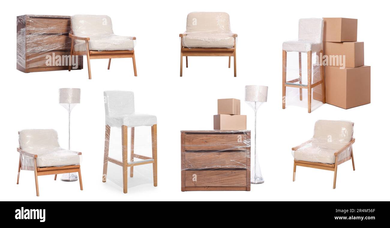 Furniture and lamps wrapped with stretch film and cardboard boxes on ...