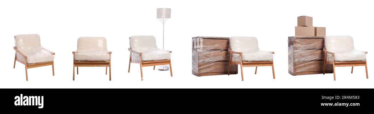 Furniture and lamp wrapped with stretch film and cardboard boxes on ...