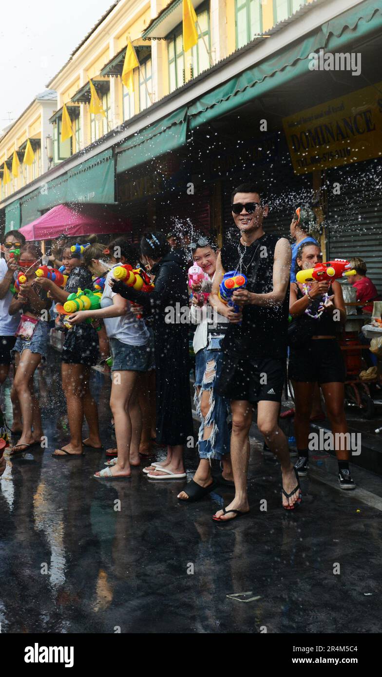 Songkran water splashing celebrations on Tanao Road by Khaosan Road in ...