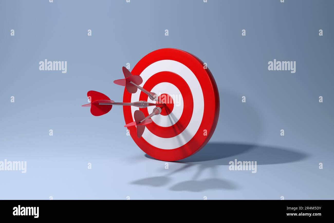 Red dart with arrow hitting target on blue background. Business aiming ...