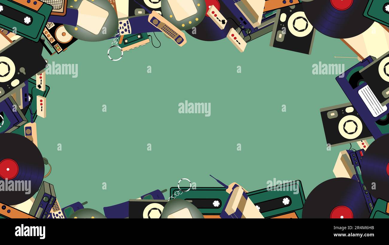 Frame from old retro hipster electronics, mobile phones, TV, tape ...