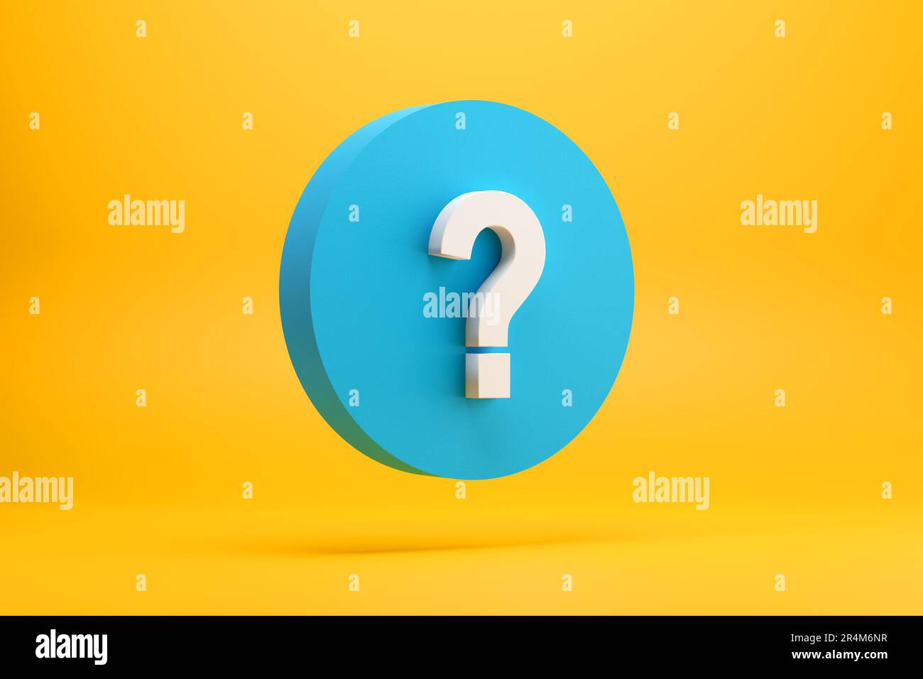Question mark symbol on a blue button on yellow background. Problem, solution and query. FAQ ...