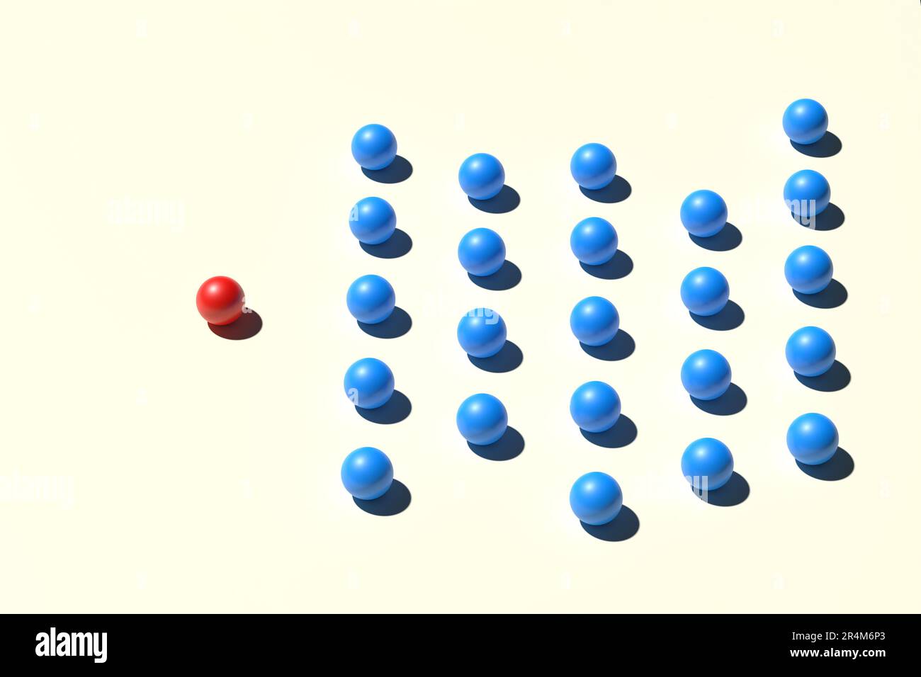 Red sphere ball against blue spheres. Confrontation and challenge ...