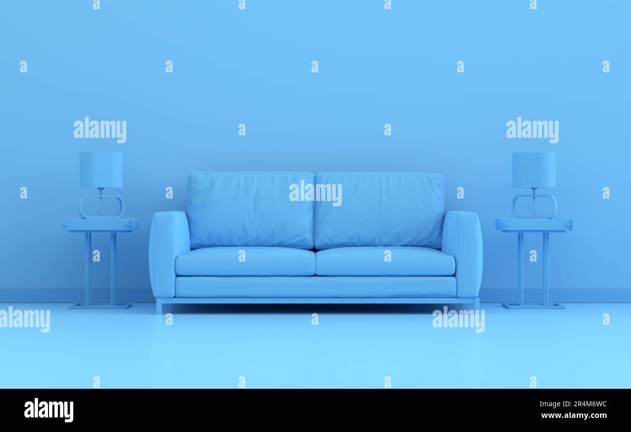 Blue monochrome interior space with sofa, end tables and lamps. 3D ...