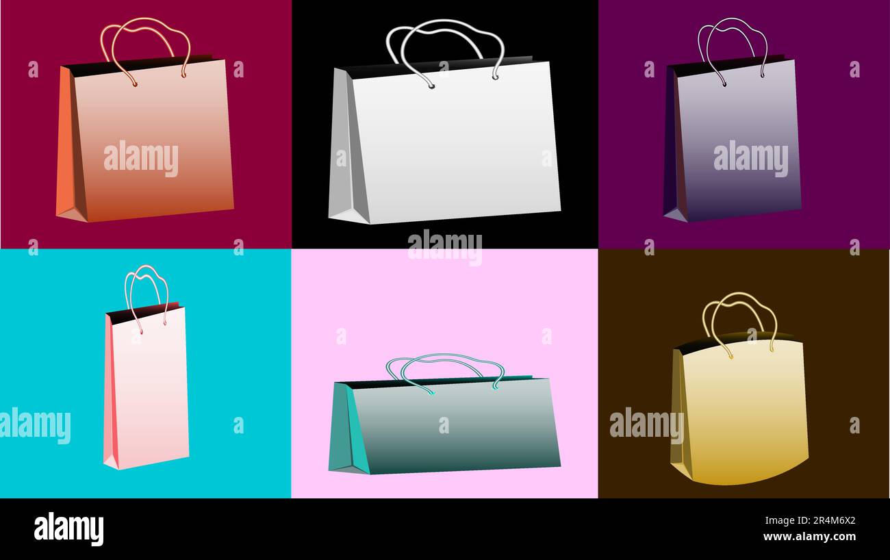 A set of six multi-colored realistic volumetric paper bags for ...