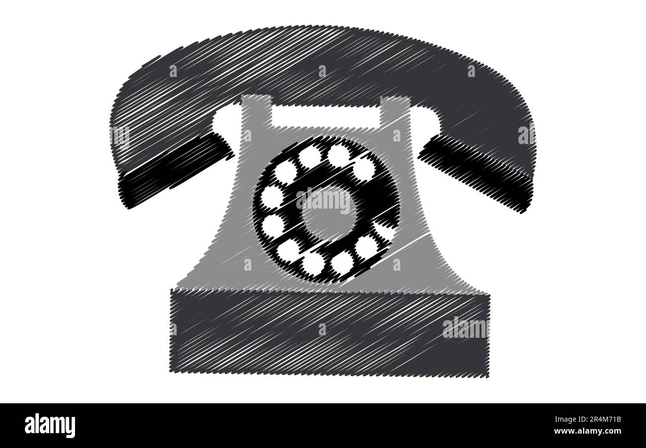 Black retro, hipster, antique, old, antique phone painted in stroked ...